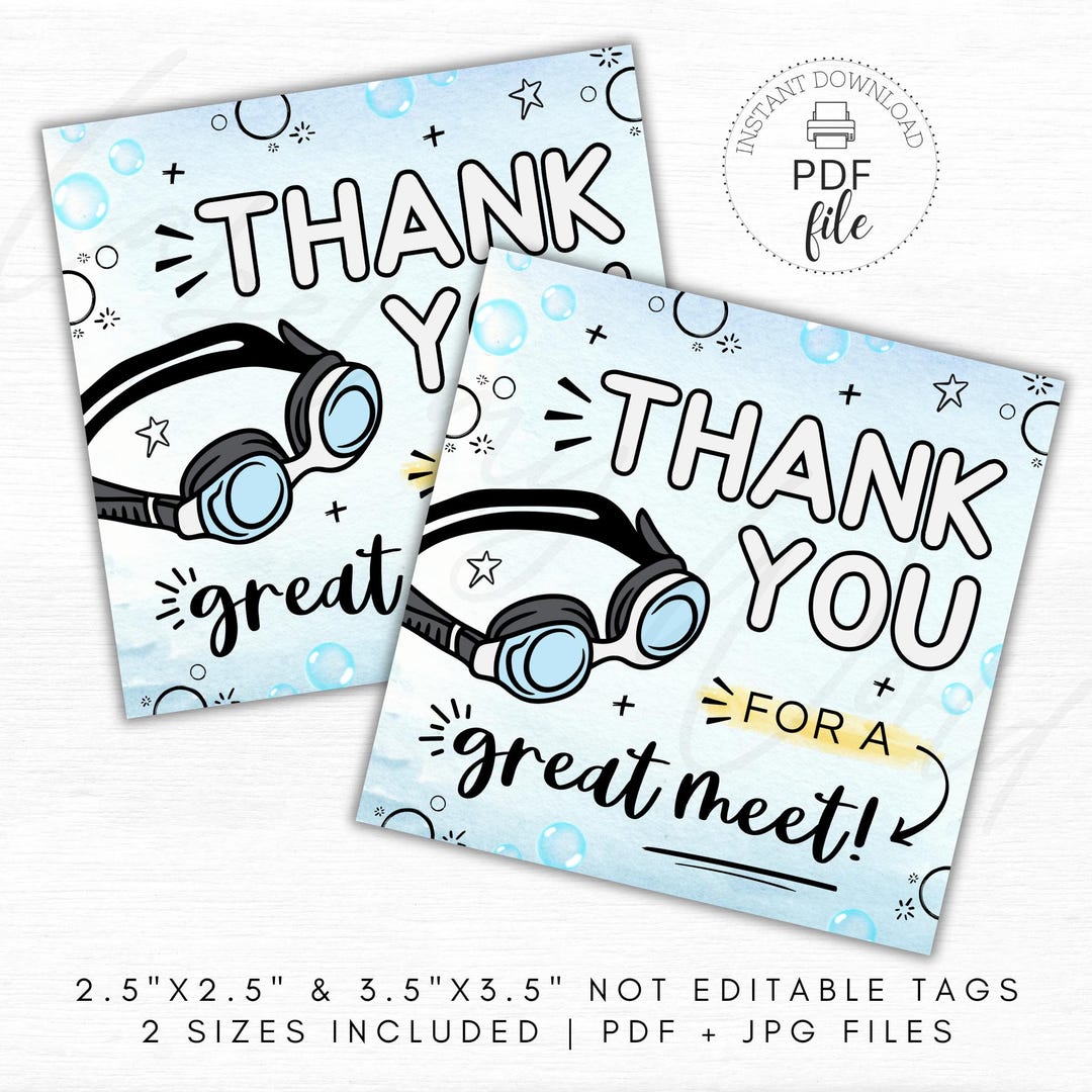 Printable Swim Team Tags, Thank You for a Great Meet Gift Tags ...