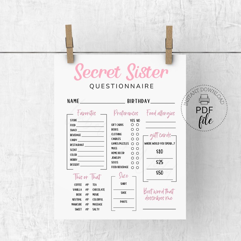 Printable Secret Sister Questionnaire, Gift Exchange Favorite Things ...