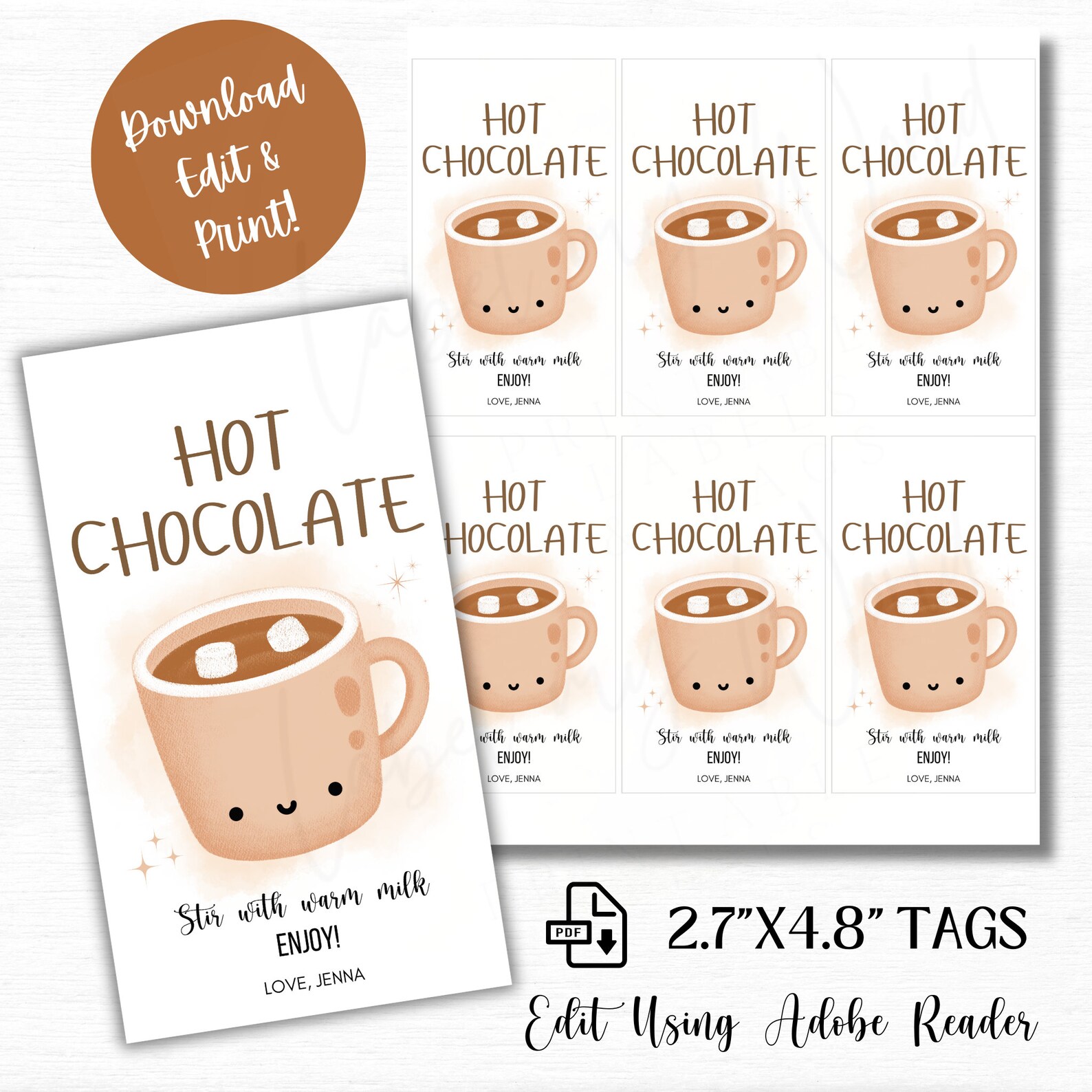 Printable Hot Chocolate Gift Tag, Hot Cocoa Mix Instructions Tags (PDF ...