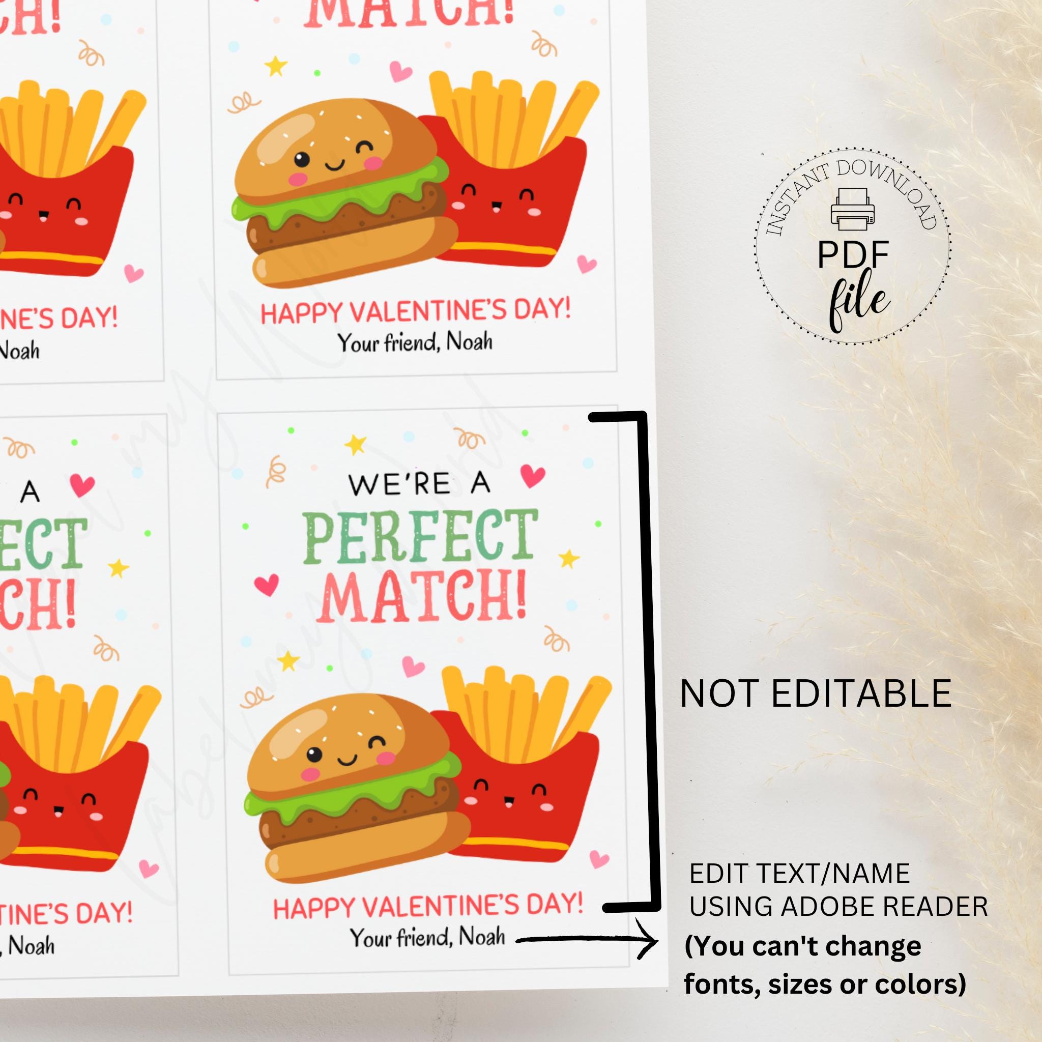 Printable Perfect Match Valentines Gift Tags, Cute Burger/fries & Egg ...