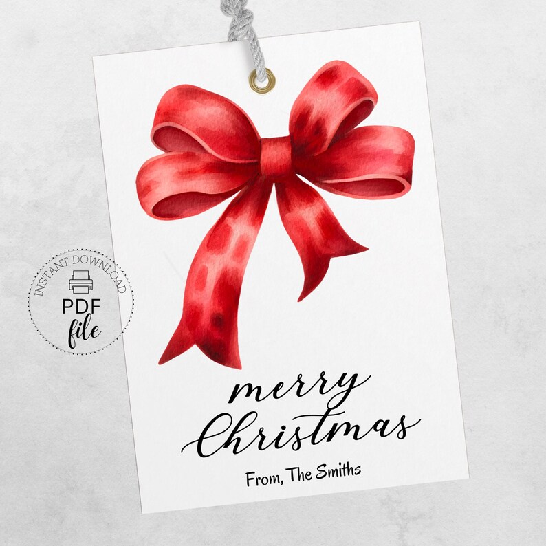 Printable Christmas Red Bow Gift Tag, Personalized Merry Christmas ...