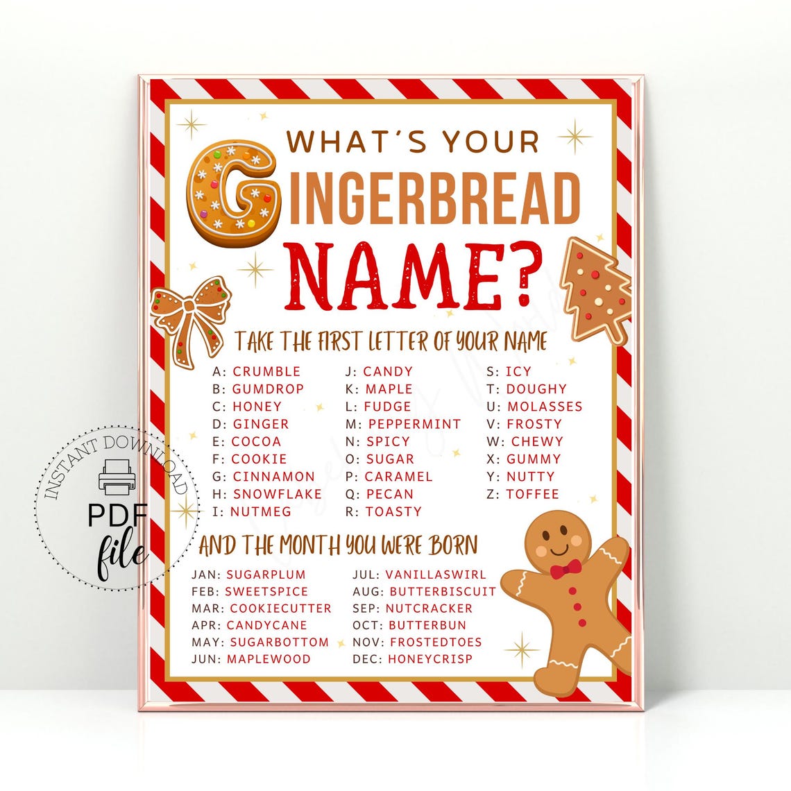 Printable What's Your Gingerbread Name Game, Christmas Party Game Sign ...