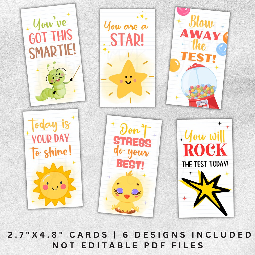 Printable Testing Day Tags, Test Taking Motivation Note Cards, Cute ...