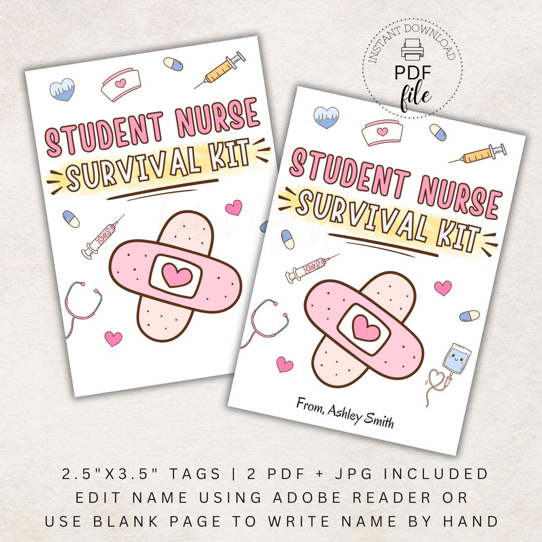 Printable Student Nurse Survival Kit Tag, Personalized Nursing School ...