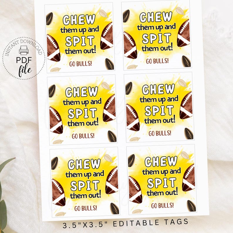 Printable Football Sunflower Seeds Tag, Personalized Chew Them up ...