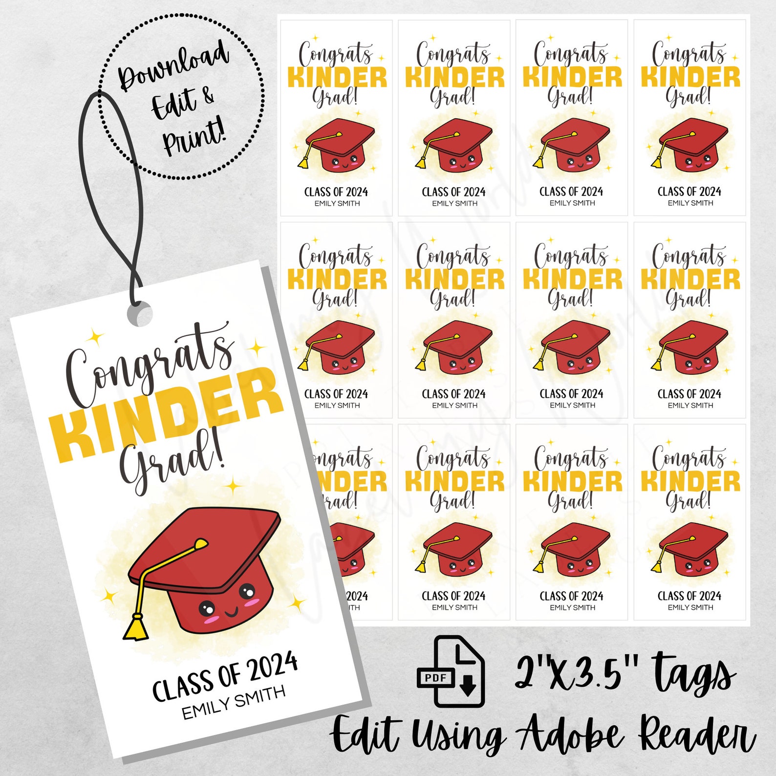 Printable Congrats Kinder Grad Tags, Personalized Class of 20XX ...