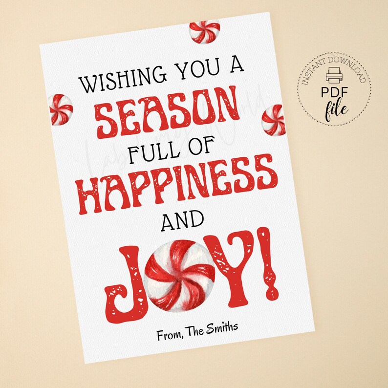 Printable Christmas Peppermint Candy Gift Tag, Wishing You Happiness ...