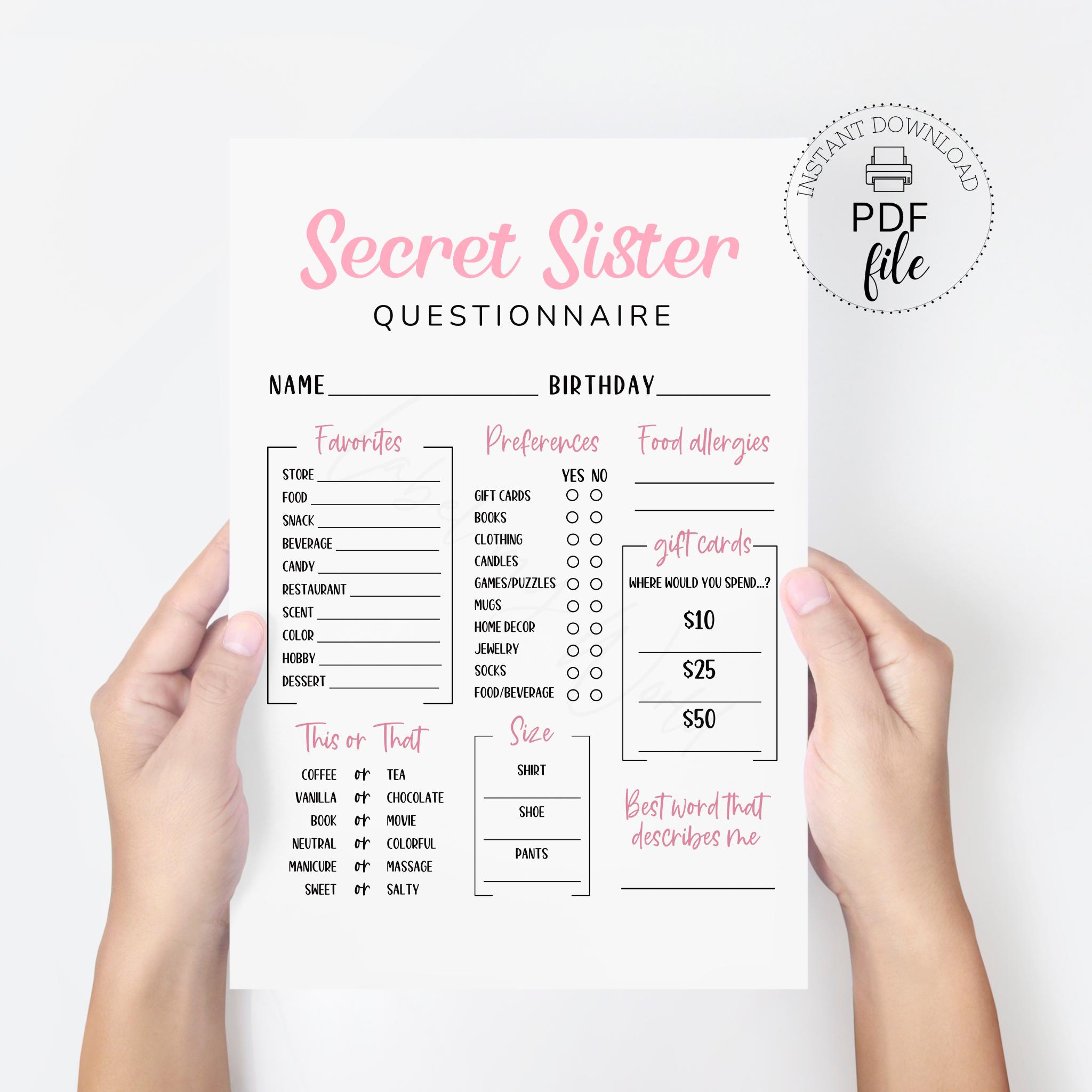 Printable Secret Sister Questionnaire, Gift Exchange Favorite Things ...