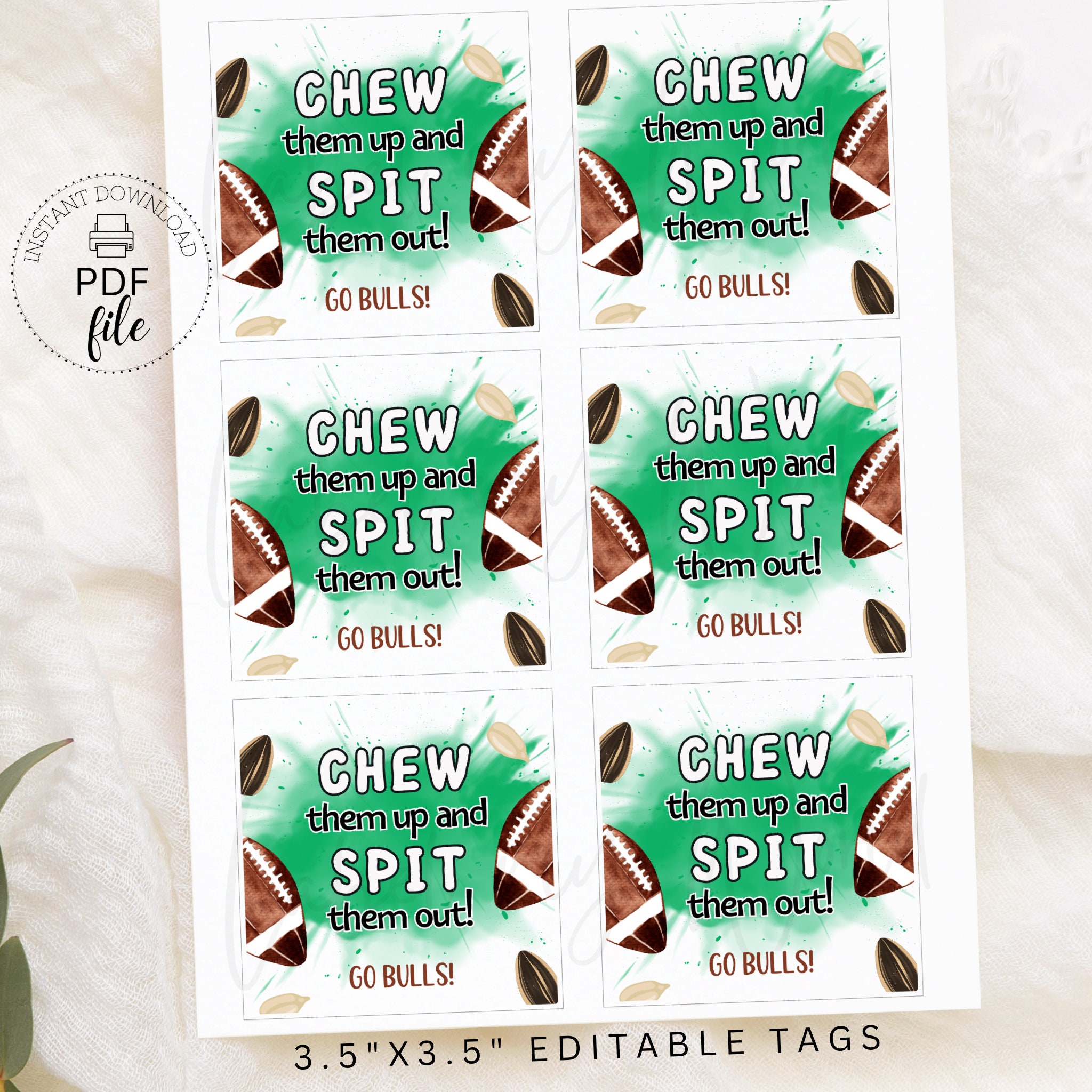 Printable Football Sunflower Seeds Tag, Personalized Chew Them up ...
