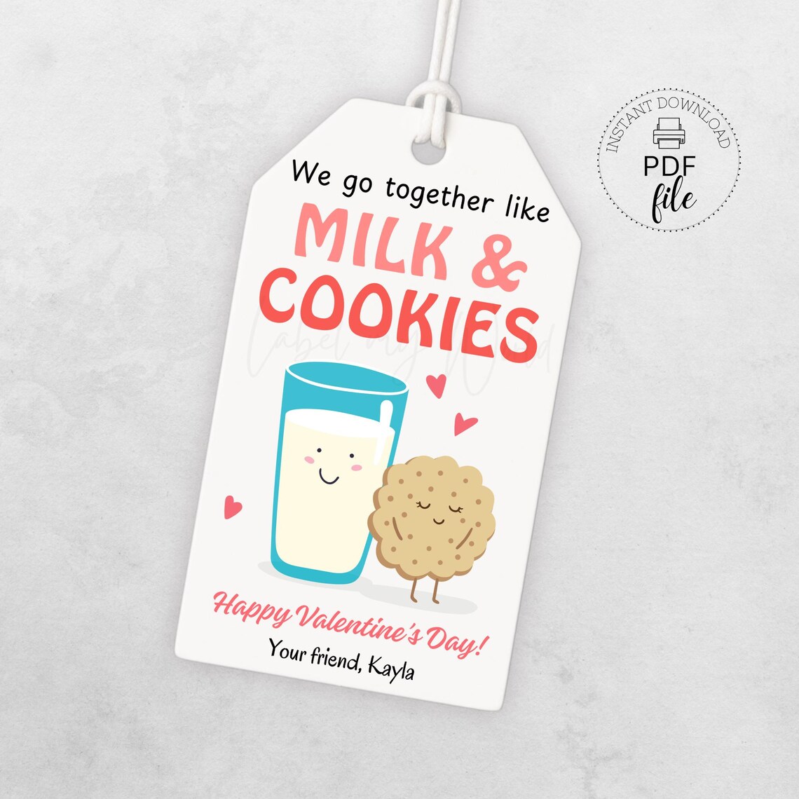 Printable Milk & Cookies Valentine Gift Tag, Personalized Happy ...
