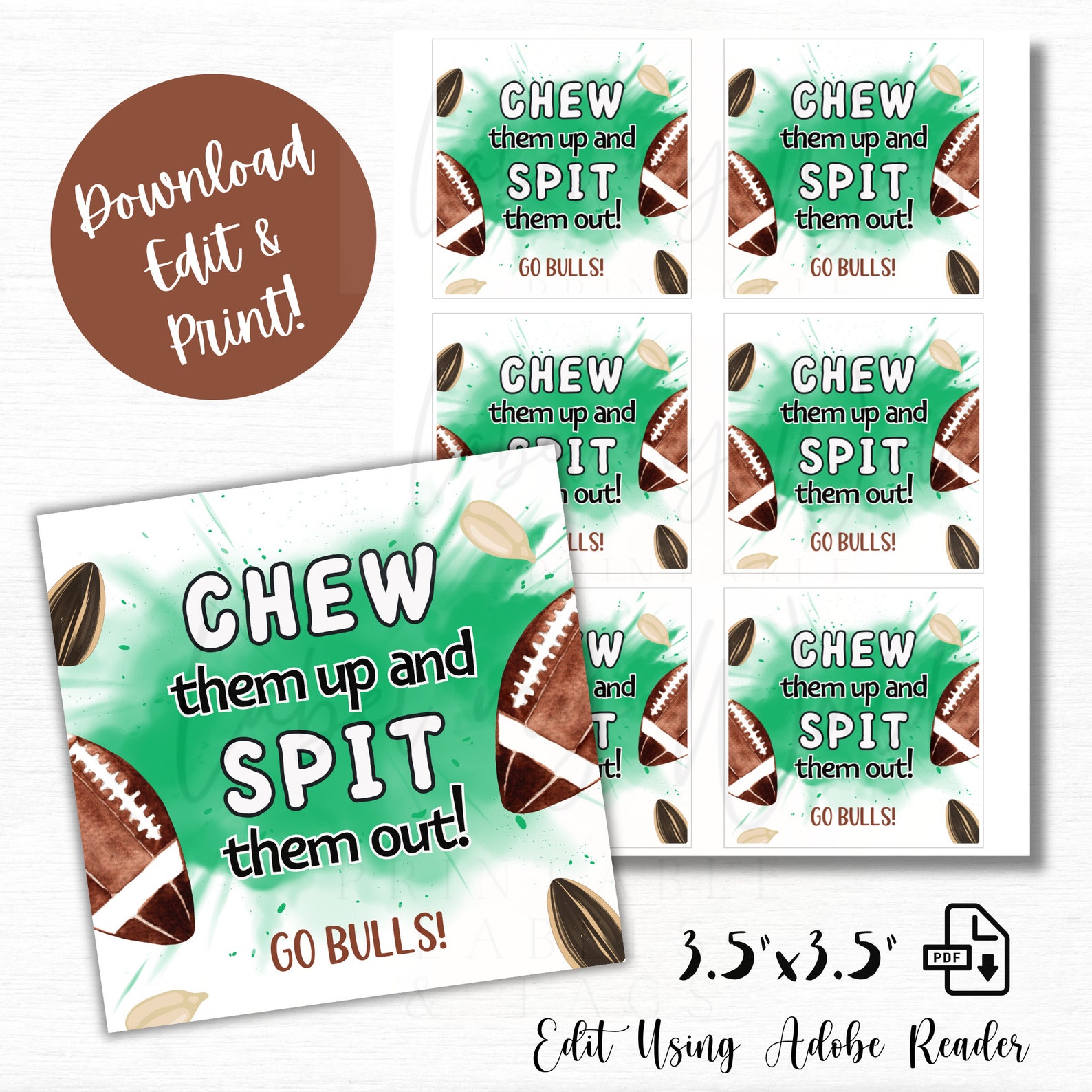 Printable Football Sunflower Seeds Tag, Personalized Chew Them up ...