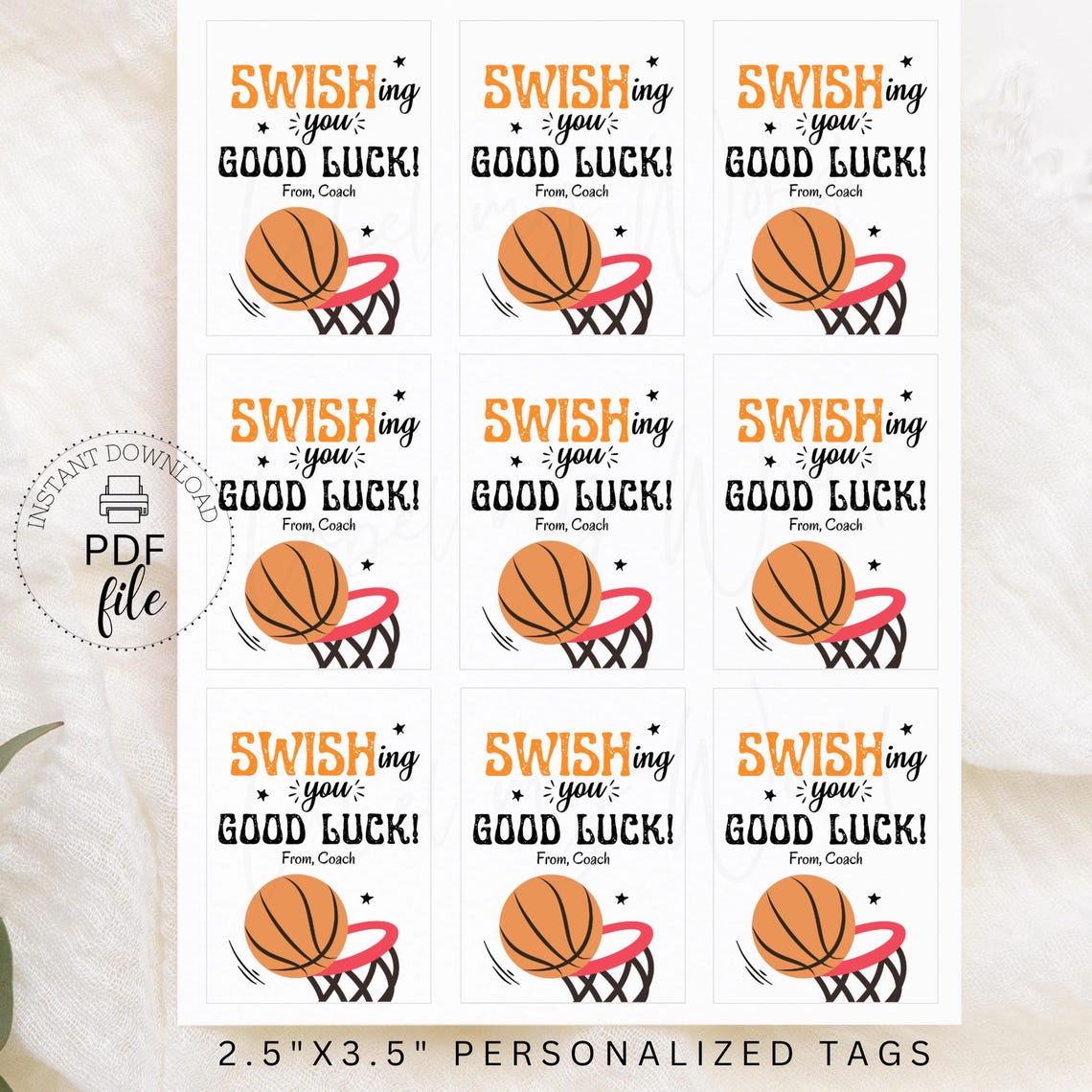 Printable Swish-ing You Good Luck Gift Tag, Personalized Basketball ...