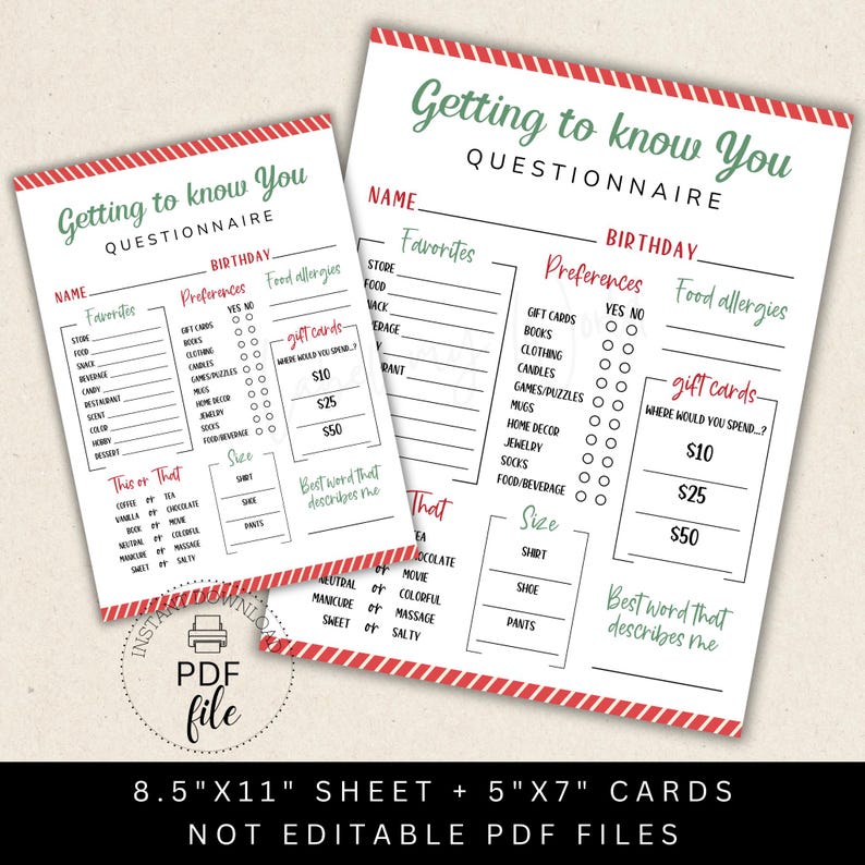 Printable Christmas Questionnaire, Coworker Gift Exchange Form, Getting ...
