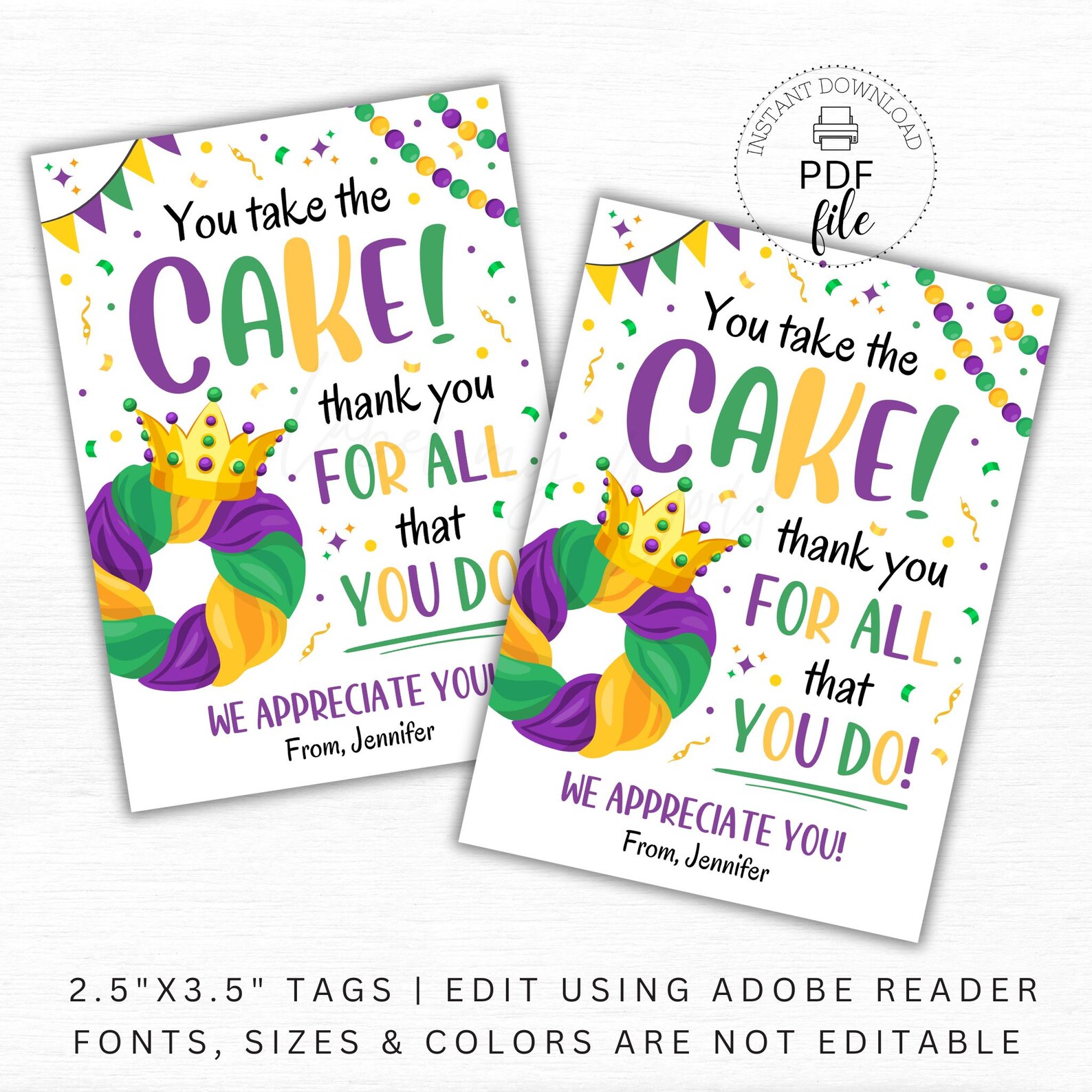 Printable Mardi Gras Gift Tag, You Take the Cake Thank You for All That ...