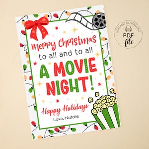 Printable Christmas Movie Night Gift Tag, Personalized Merry Christmas ...