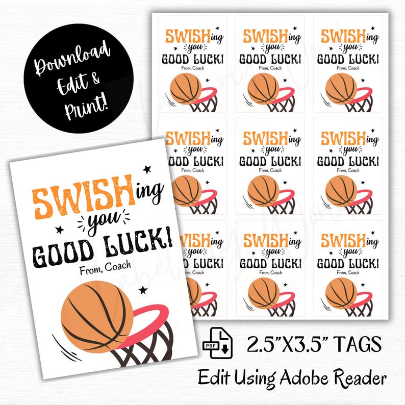Printable Swish-ing You Good Luck Gift Tag, Personalized Basketball ...
