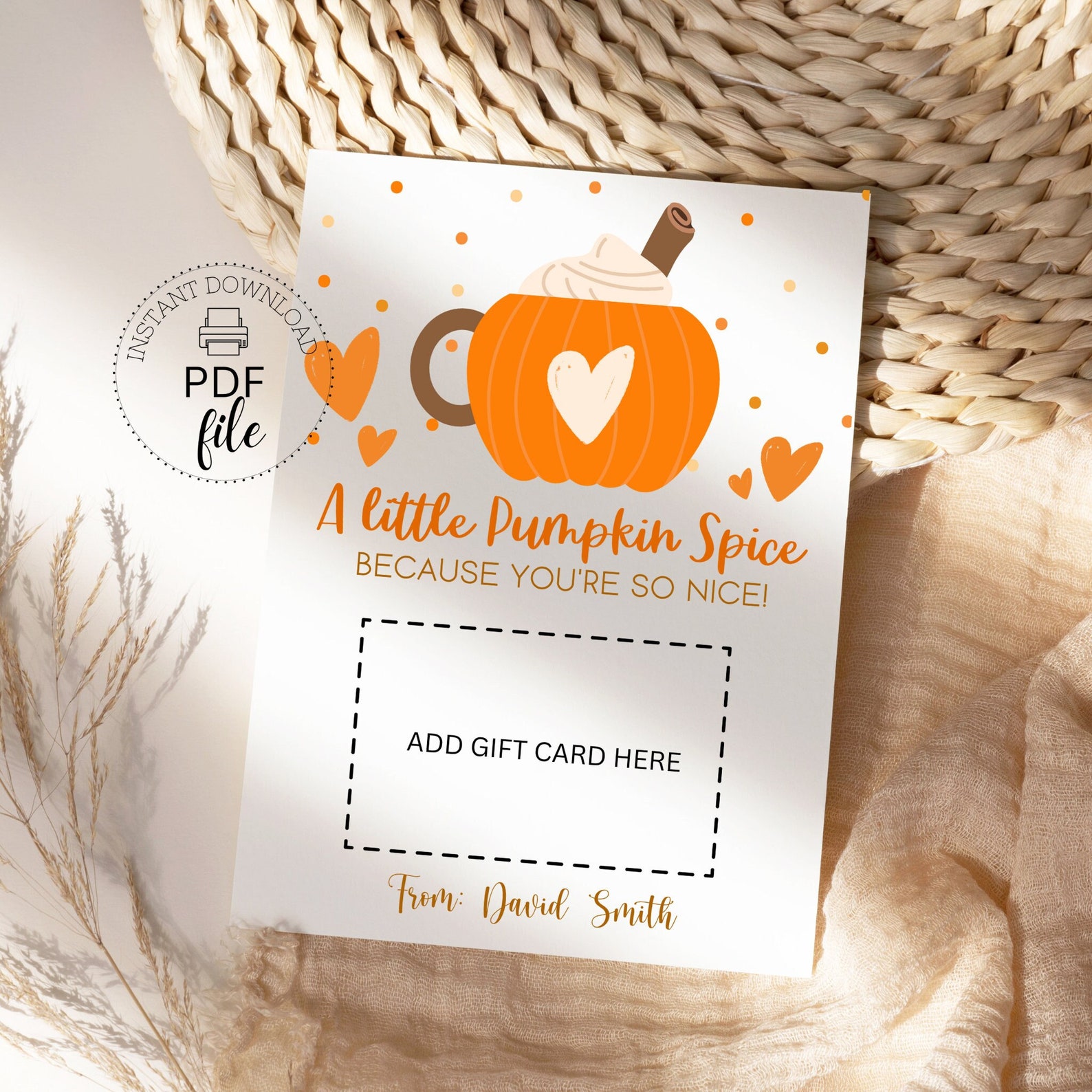 Pumpkin Spice Gift Card Holder Template | Printable Thank You Coffee ...