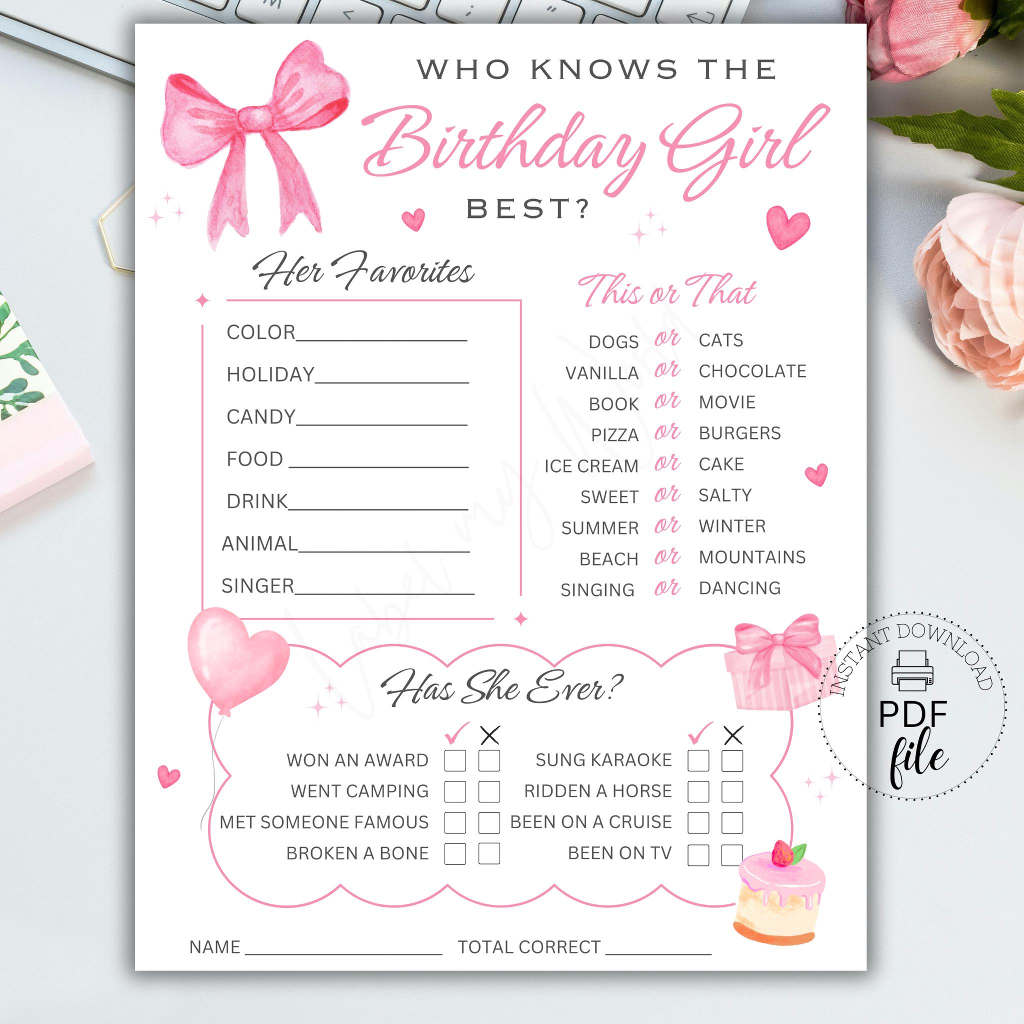 Pink Bow Who Knows the Birthday Girl Best Game, Printable Coquette ...
