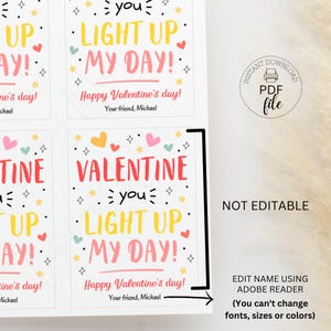 Printable Valentine You Light up My Day Gift Tags, Personalized Glow ...