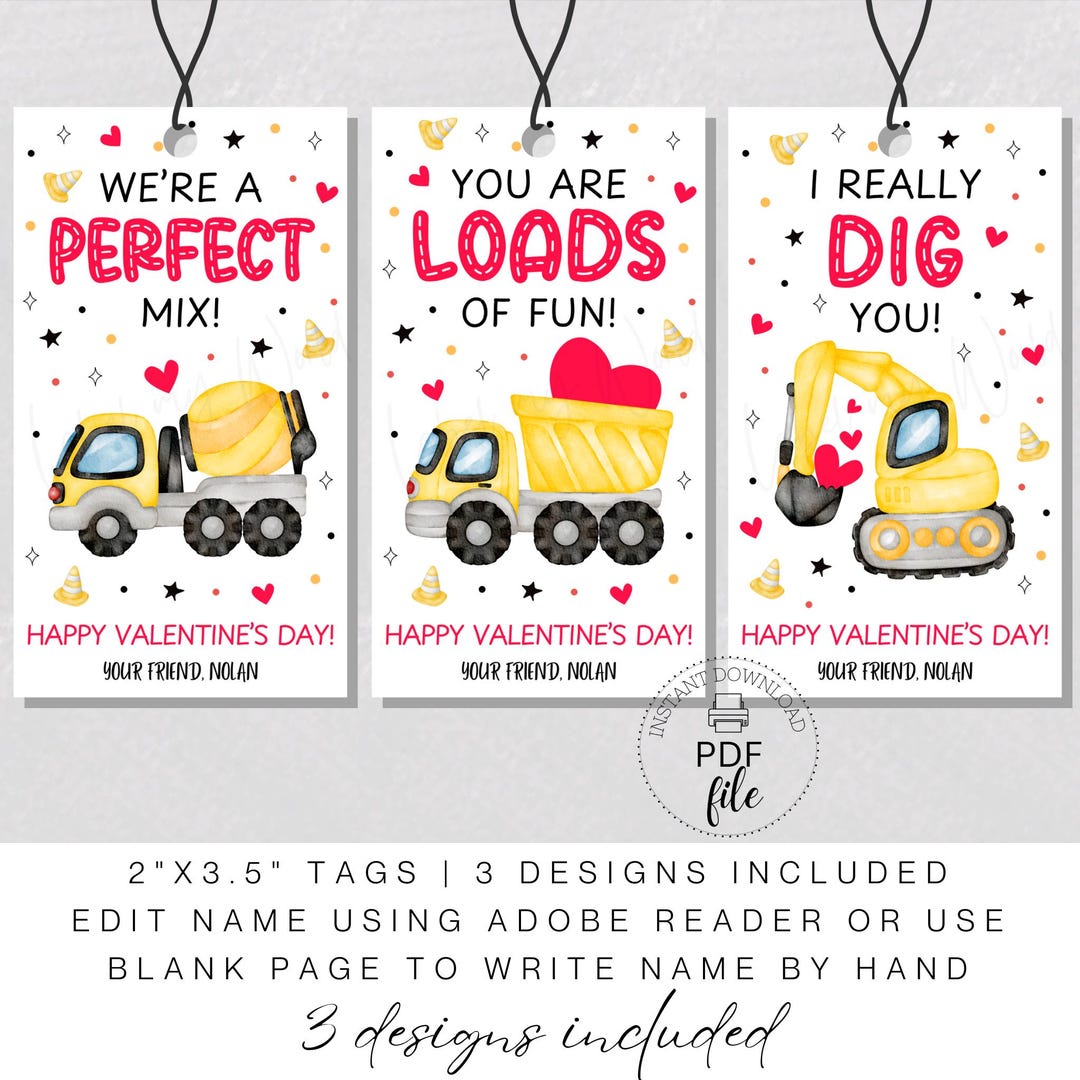 Printable Construction Valentine Gift Tag, Personalized Cement Mixer ...