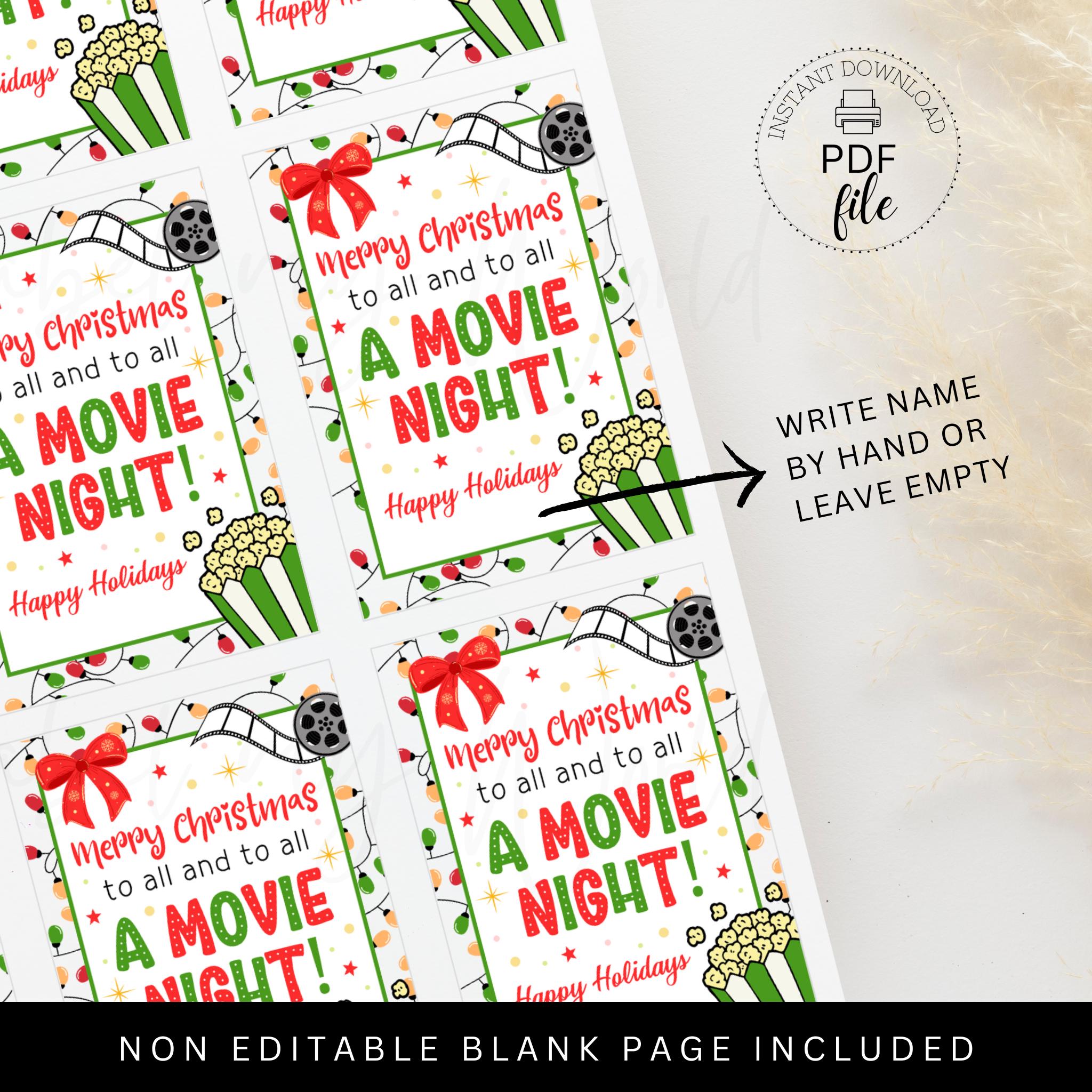 Printable Christmas Movie Night Gift Tag, Personalized Merry Christmas ...