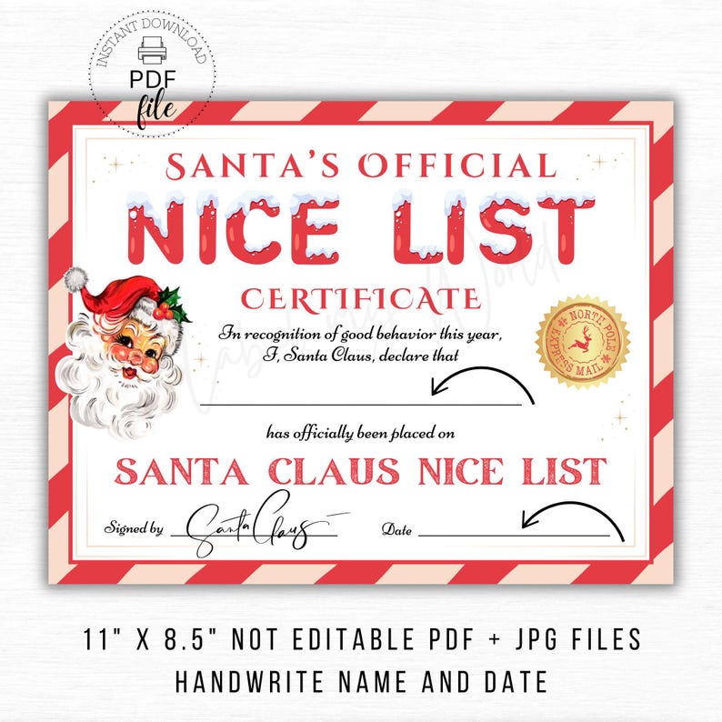 Santa Claus Official Nice List Printable Certificate, Christmas Eve 11 ...