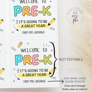 Printable Welcome to Pre-k Gift Tag, Personalized Teacher/classroom ...
