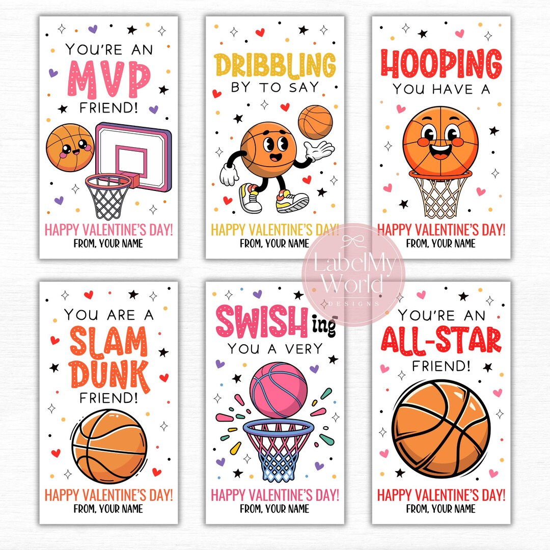 Printable Basketball Valentine Cards, Classroom Sports Valentine's Day ...