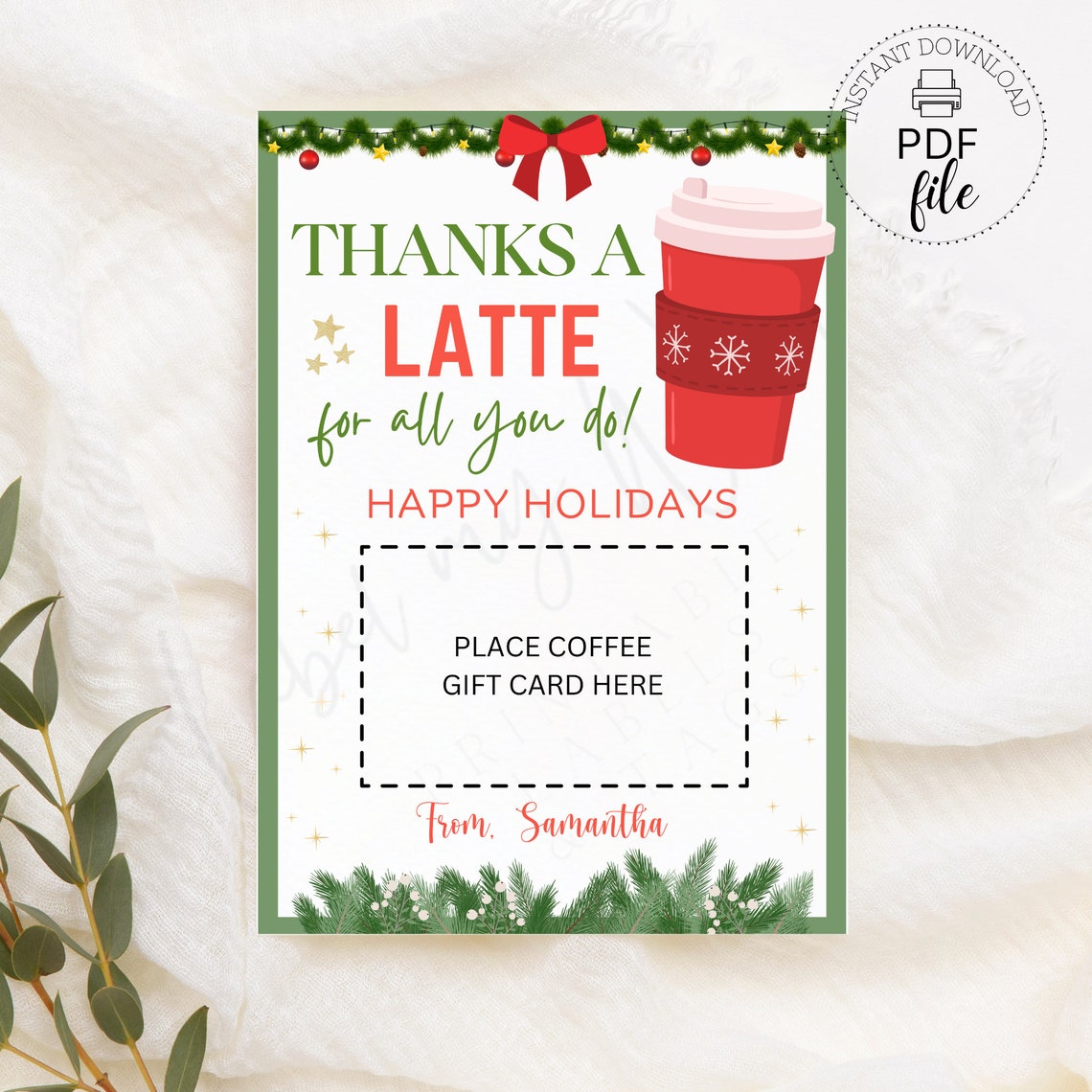 Christmas Coffee Gift Card Holder Template | Printable Thanks a Latte ...