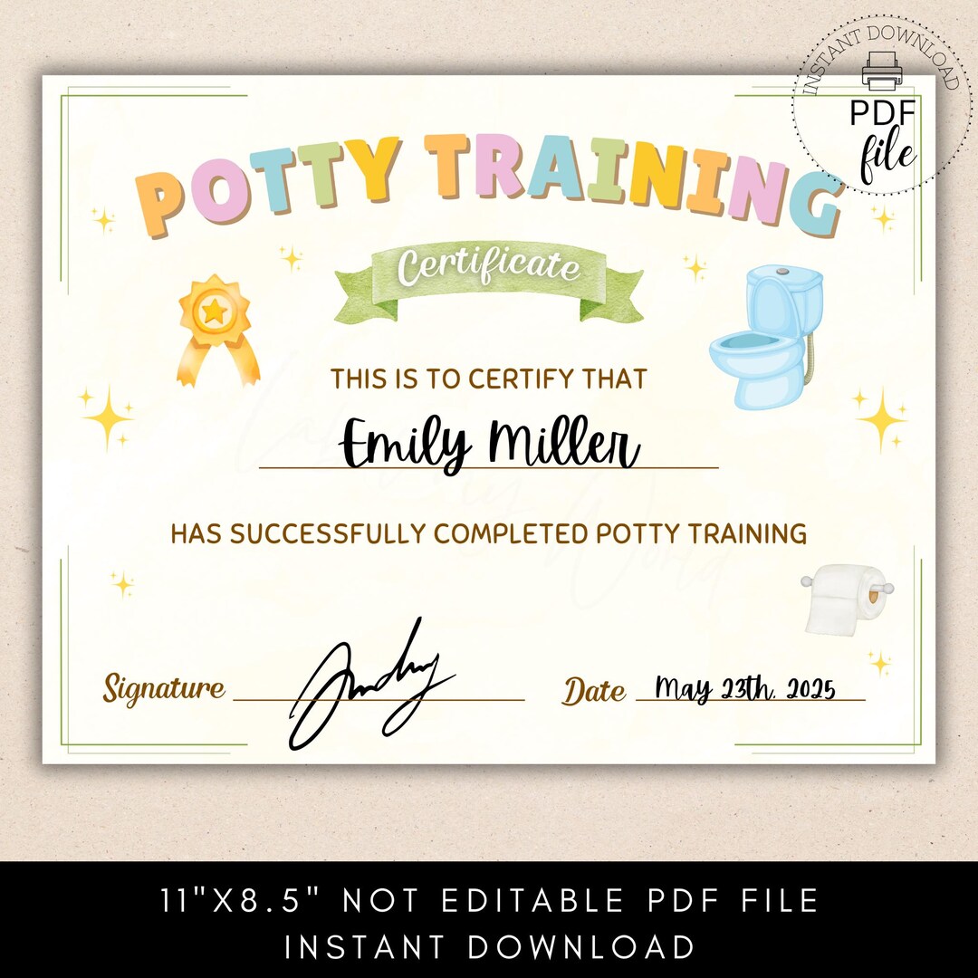 Potty Training Certificate for Toddlers, Boy/girl Toilet Training ...