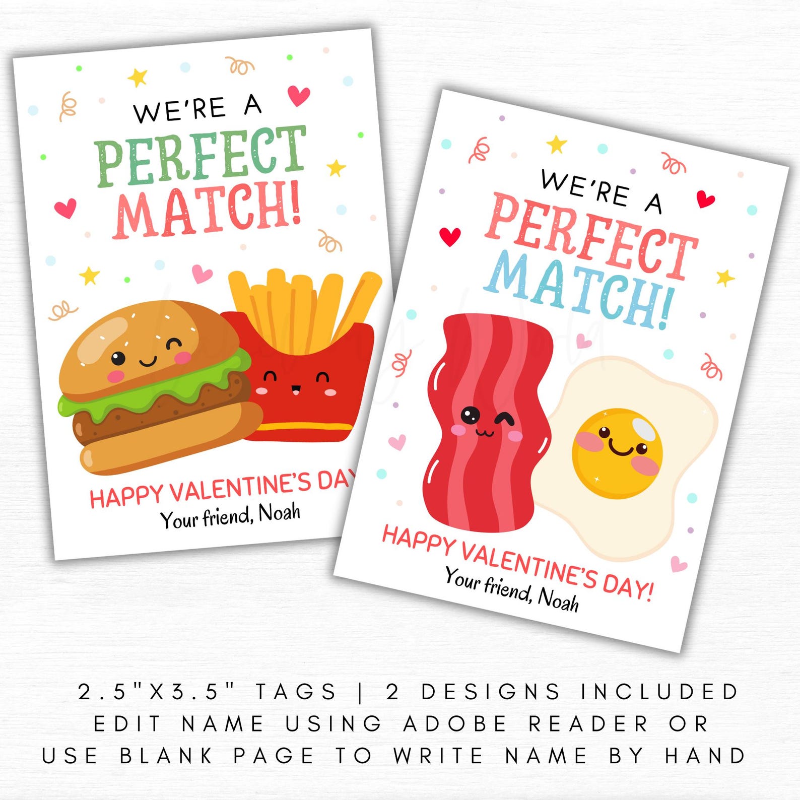 Printable Perfect Match Valentines Gift Tags, Cute Burger/fries & Egg ...