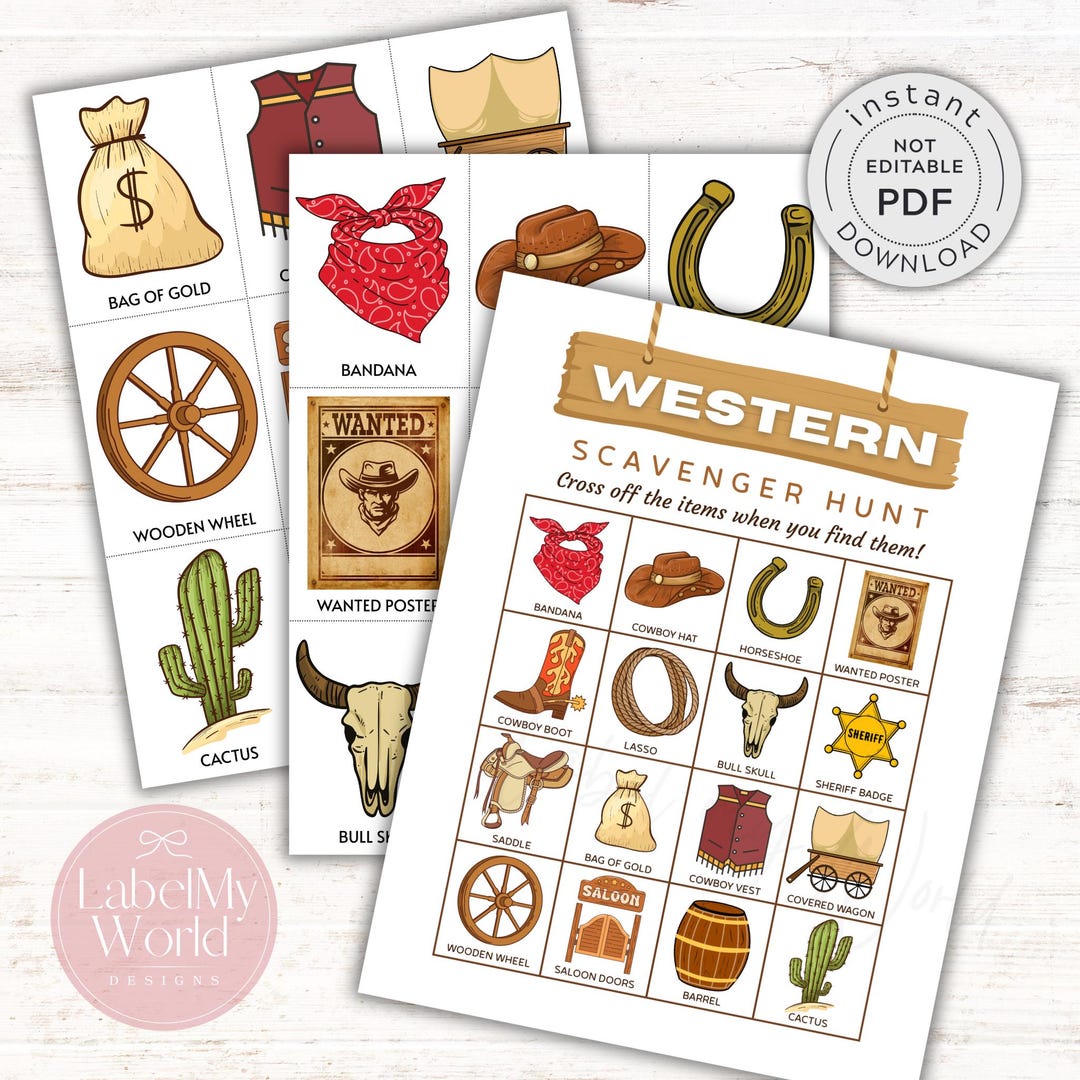 Western Scavenger Hunt With Cards to Hide, Cowboy Treasure Hunt Game ...
