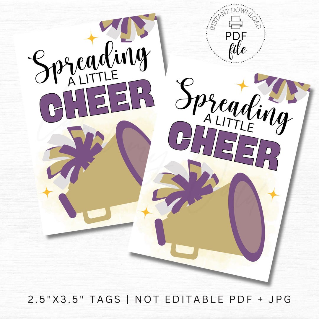 Printable Purple & Gold Spreading a Little Cheer Tags, Cheerleading ...