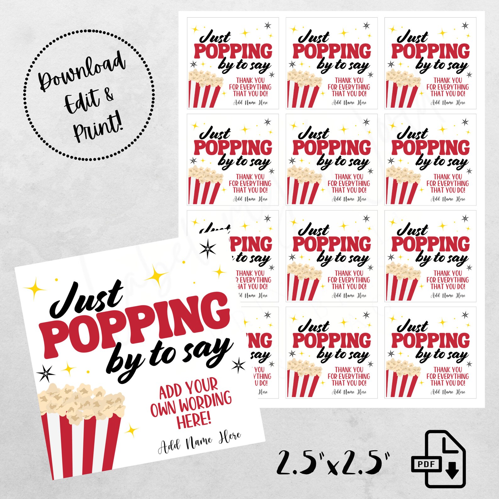 Just Popping by to Say Thank You Gift Tag | Printable Popcorn Treat Bag ...