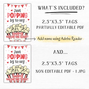 Printable Valentine Popcorn Tag, Personalized Just Popping by to Say ...