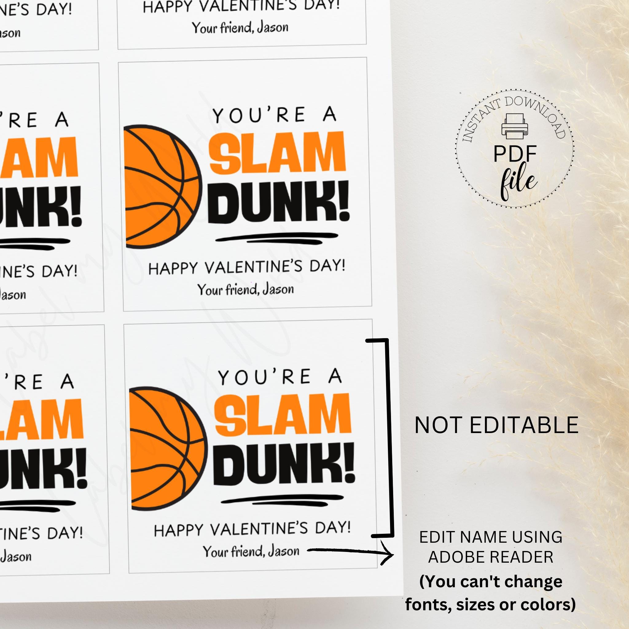 Printable Valentine You're a Slam Dunk Basketball Gift Tag, Happy ...