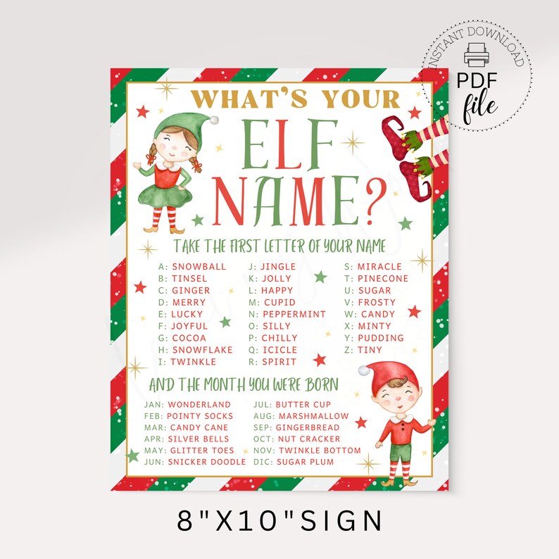 Printable What's Your Elf Name? Game | Christmas Game Sign 8"x10 ...