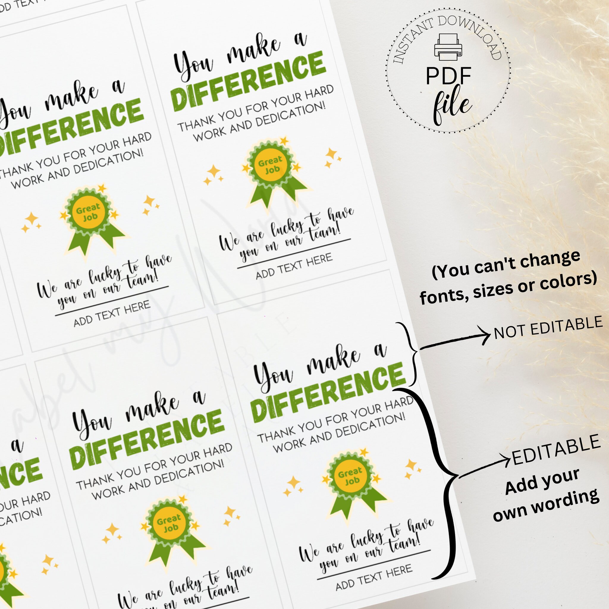 You Make a Difference Tag | Thank You Employee Editable Tag | Printable ...