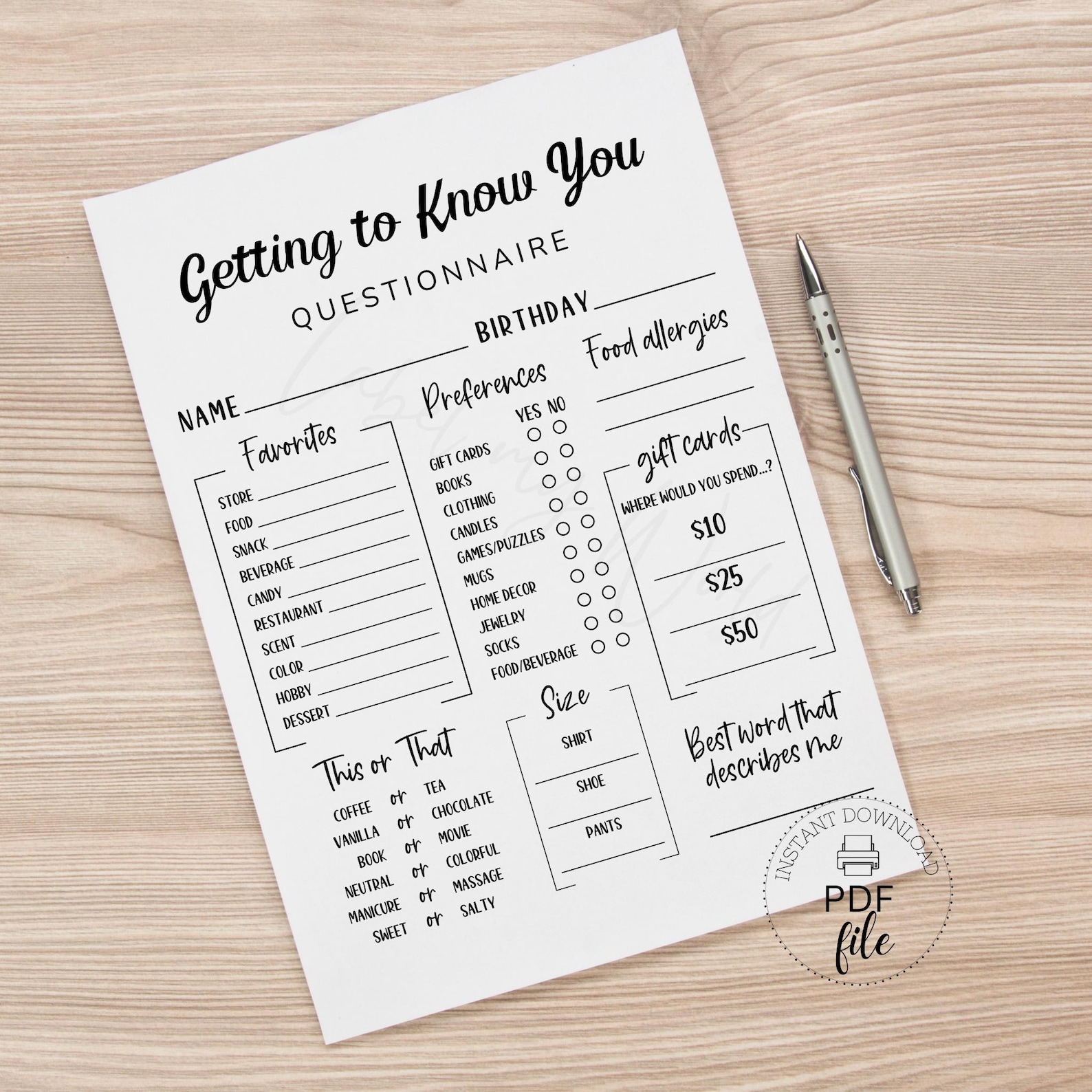 Printable Getting to Know You Questionnaire, Employee School Staff ...