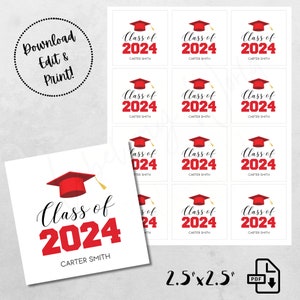 Graduation Red Grad Cap Gift Tag | Editable Class of 20xx Graduate Name ...