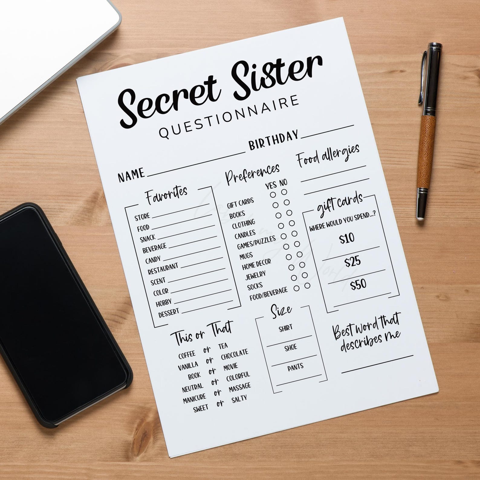Printable Secret Sister Questionnaire, Gift Exchange Favorite Things ...