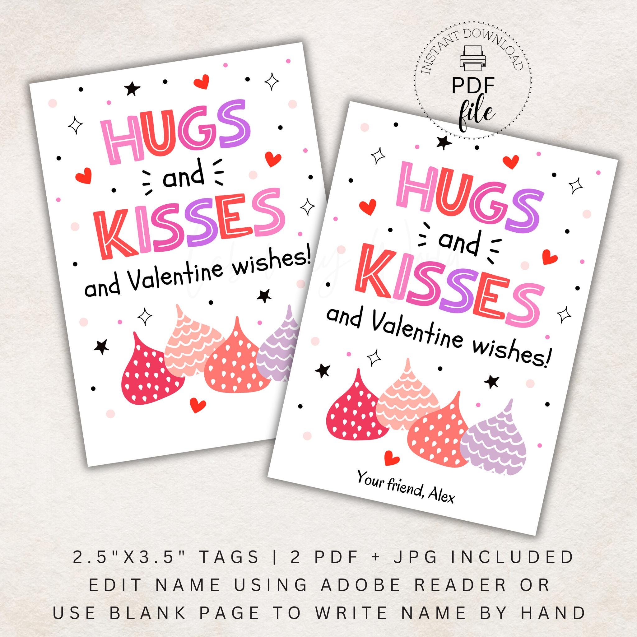 Printable Hugs and Kisses & Valentine Wishes Gift Tags, Personalized ...