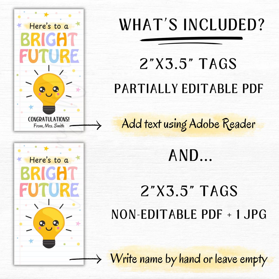 Printable Here's to A Bright Future Gift Tag, Light Bulb Graduation ...