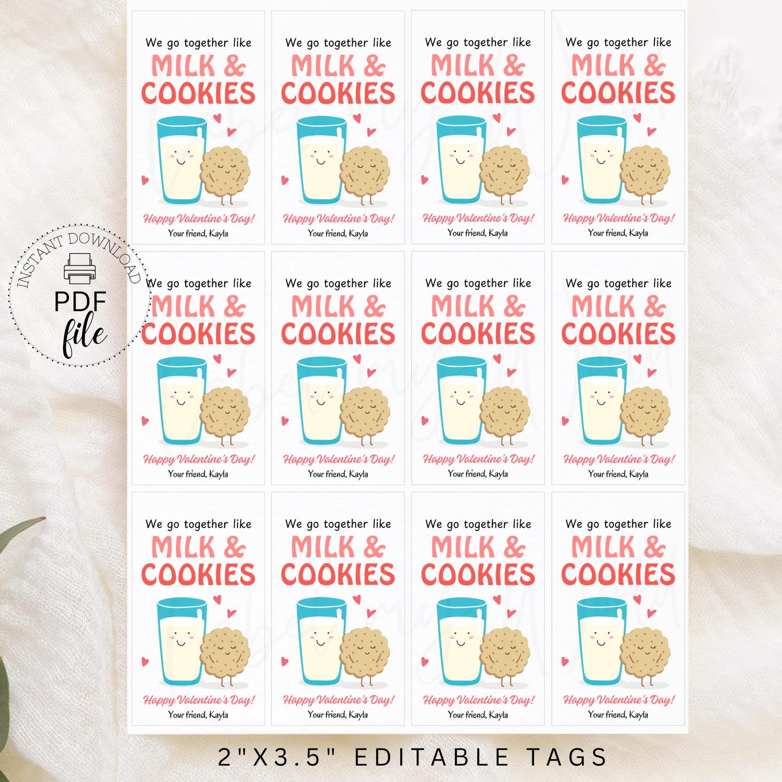 Printable Milk & Cookies Valentine Gift Tag, Personalized Happy ...