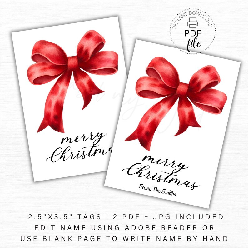 Printable Christmas Red Bow Gift Tag, Personalized Merry Christmas ...