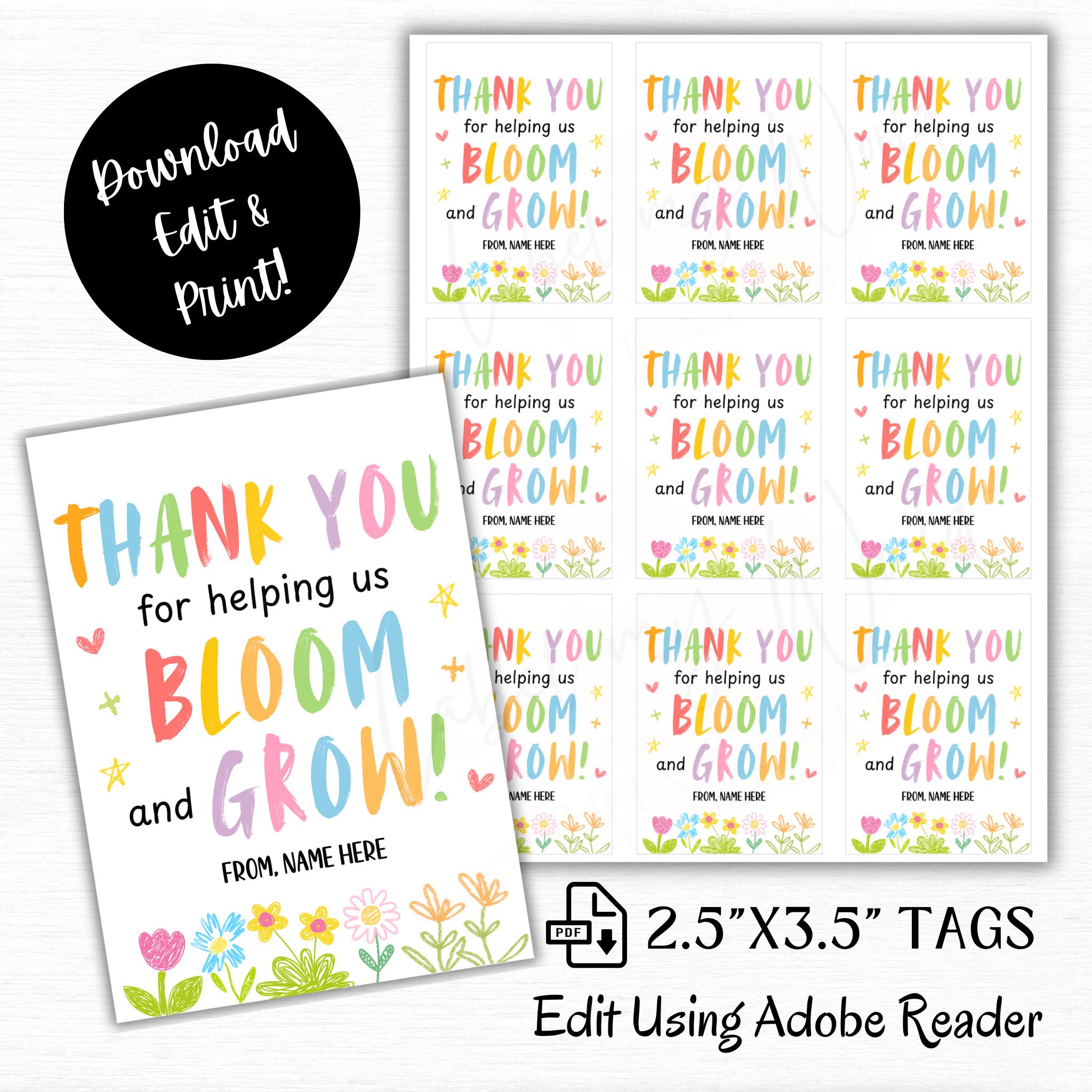 Thank You for Helping Us Bloom and Grow Printable Gift Tag, Flower ...