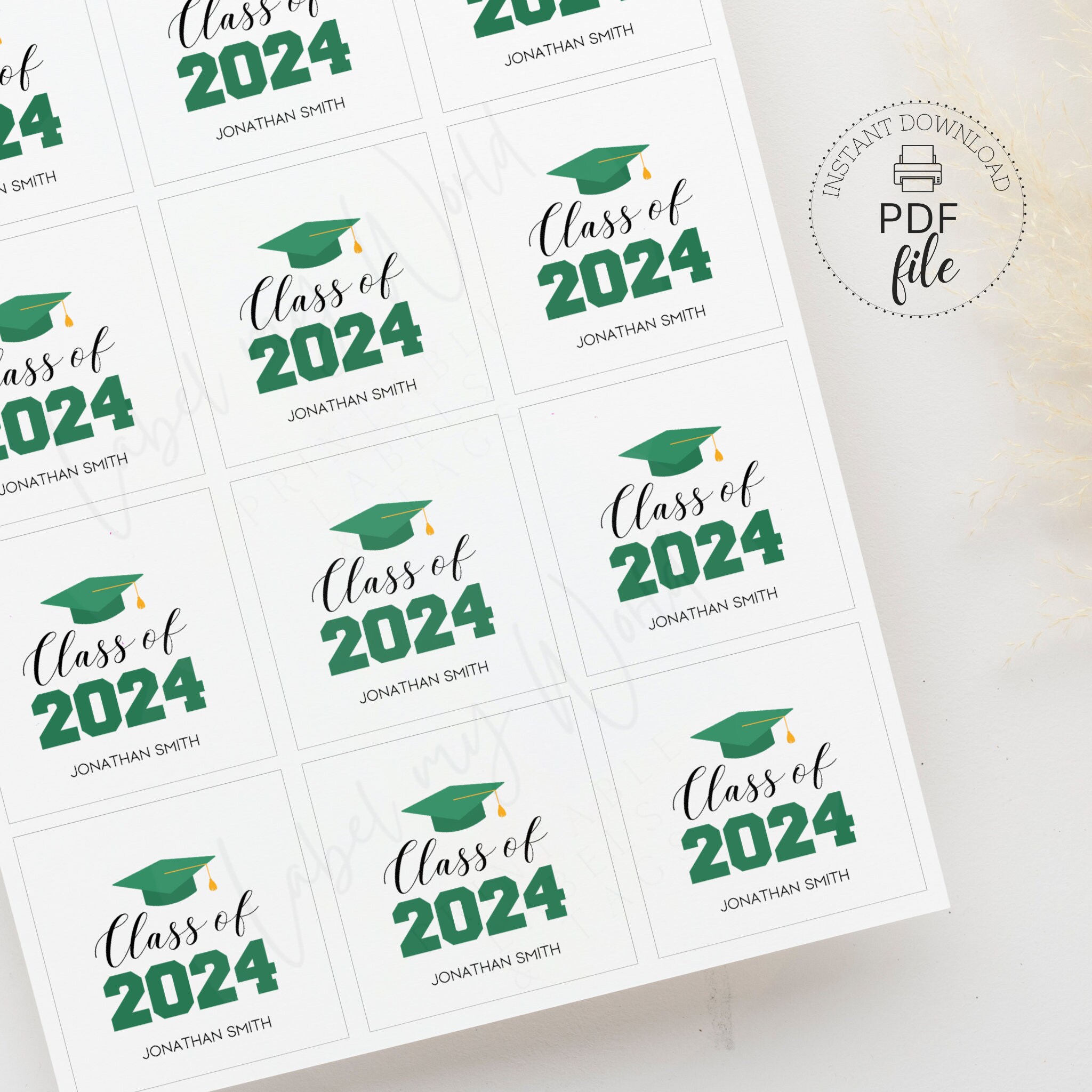 Graduation Green Grad Cap Gift Tag Editable Class of 20xx Graduate Name ...