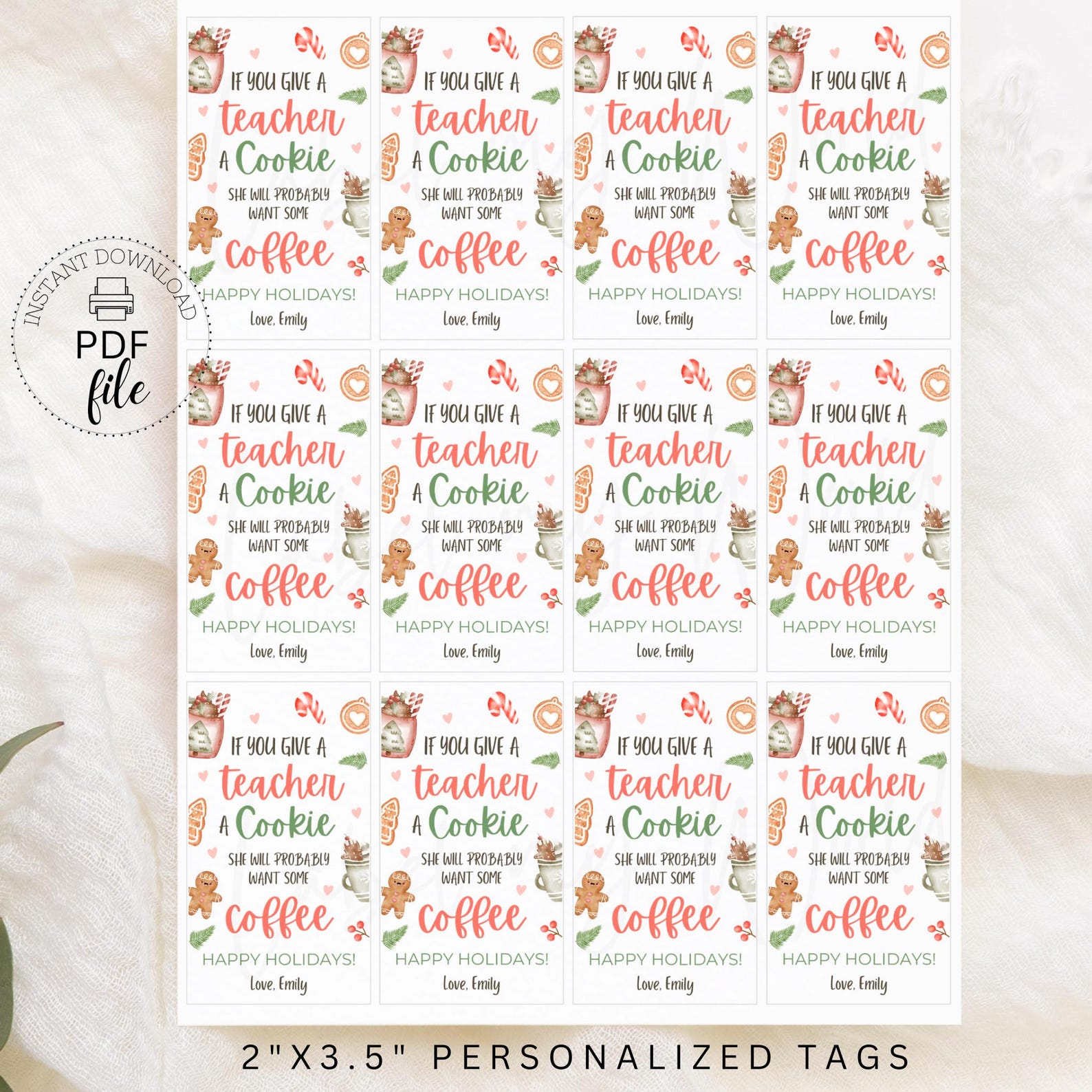 Christmas Teacher Cookies & Coffee Treat Tags, Holiday Teacher ...