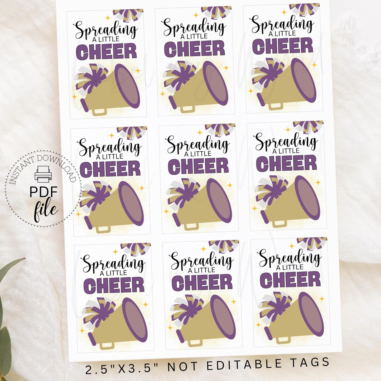 Printable Purple & Gold Spreading a Little Cheer Tags, Cheerleading ...