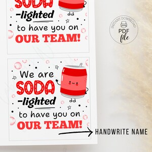Printable Soda Gift Tag, We Are Sodalighted to Have You on Our Team ...